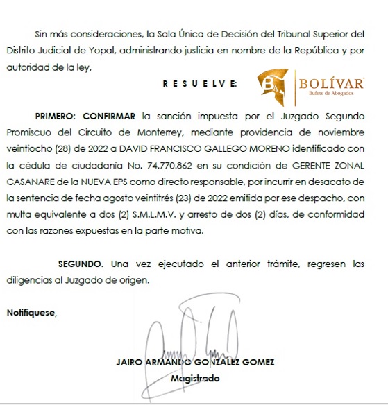 Ordenan dos días de arresto y multa a Gerente de Nueva Eps en Casanare ... Ordenan dos días de arresto y multa a Gerente de Nueva Eps en Casanare ...